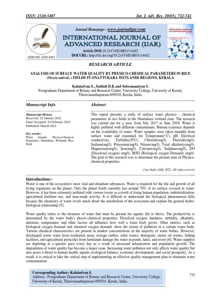 Analysis of Surface Water Quality by Physico-Chemical Parameters in ...