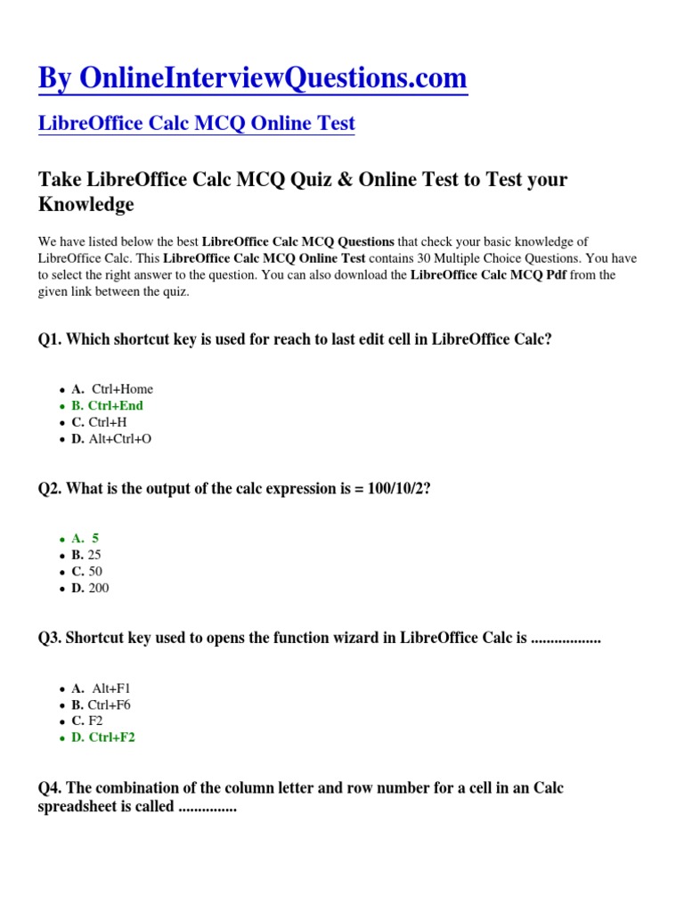 LibreOffice Calc MCQ PDF, Completly Free. | PDF | Spreadsheet ...