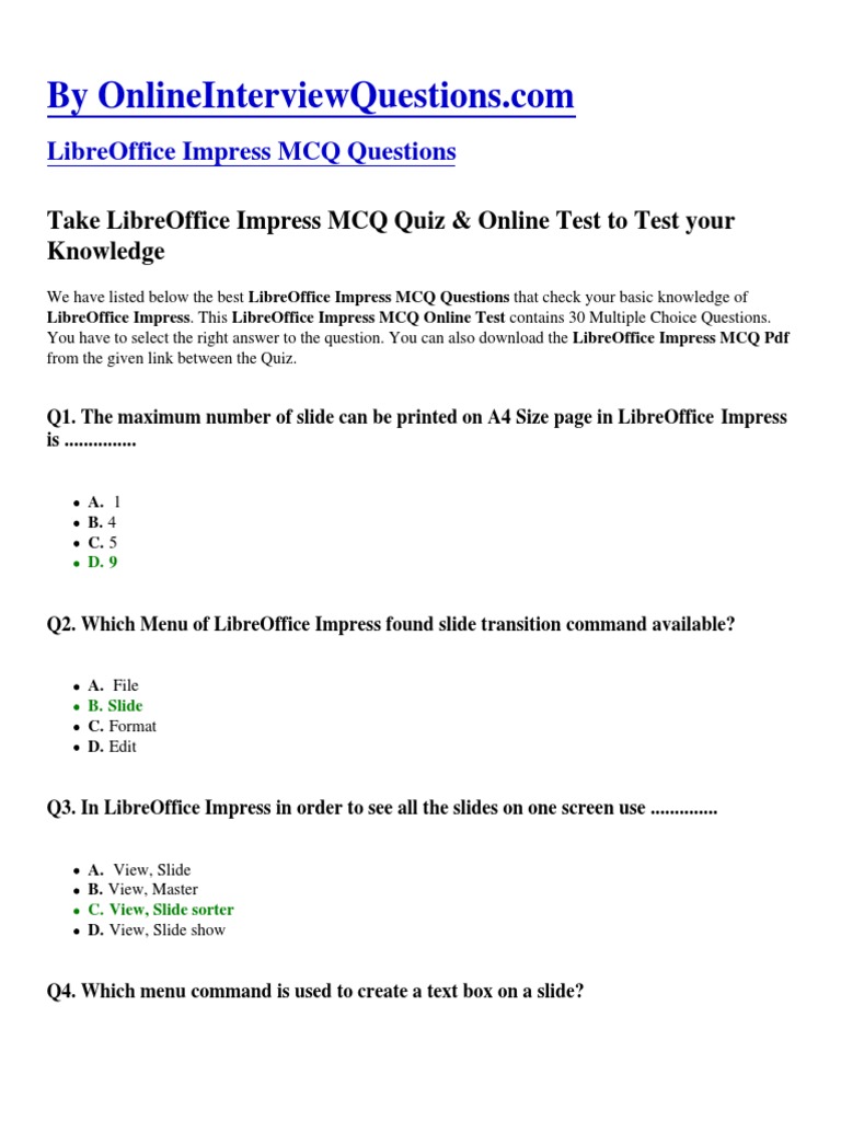 LibreOffice Impress MCQ PDF | PDF | Computing | Software