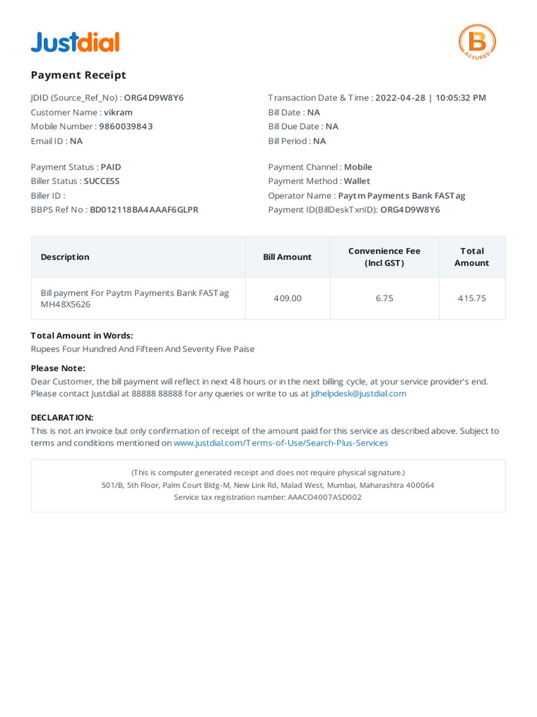 Payment Receipt: Description Bill Amount Convenience Fee (Incl GST ...