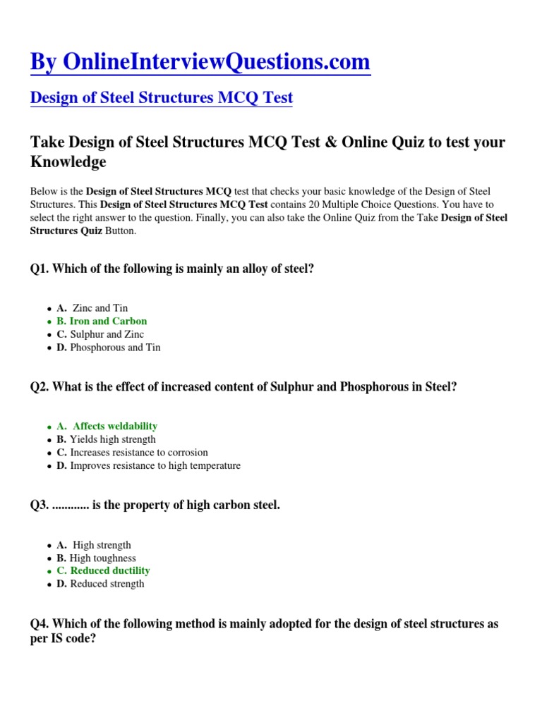 Steel Structures MCQ Test: Take Quiz & Check Knowledge | PDF | Steel ...