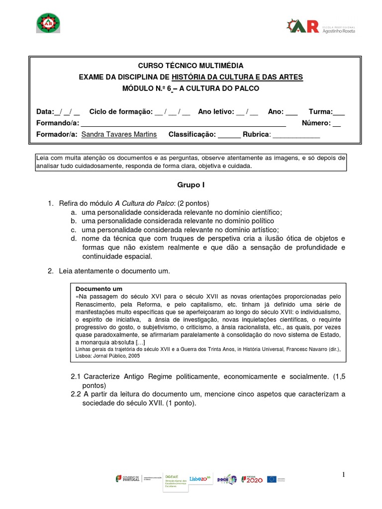Exame HCA - Mod 6 V1 | PDF | Science | Palácio de Versailles