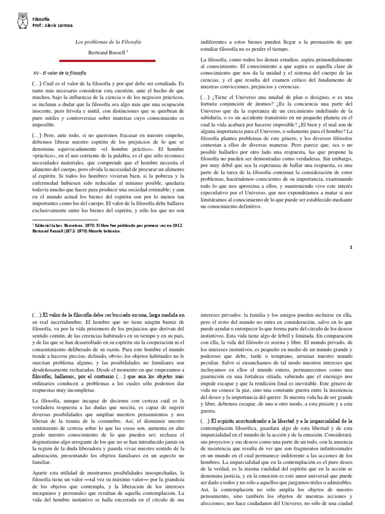 El Valor de La Filosofía. Beltrand Russell | PDF | Conocimiento | Certeza