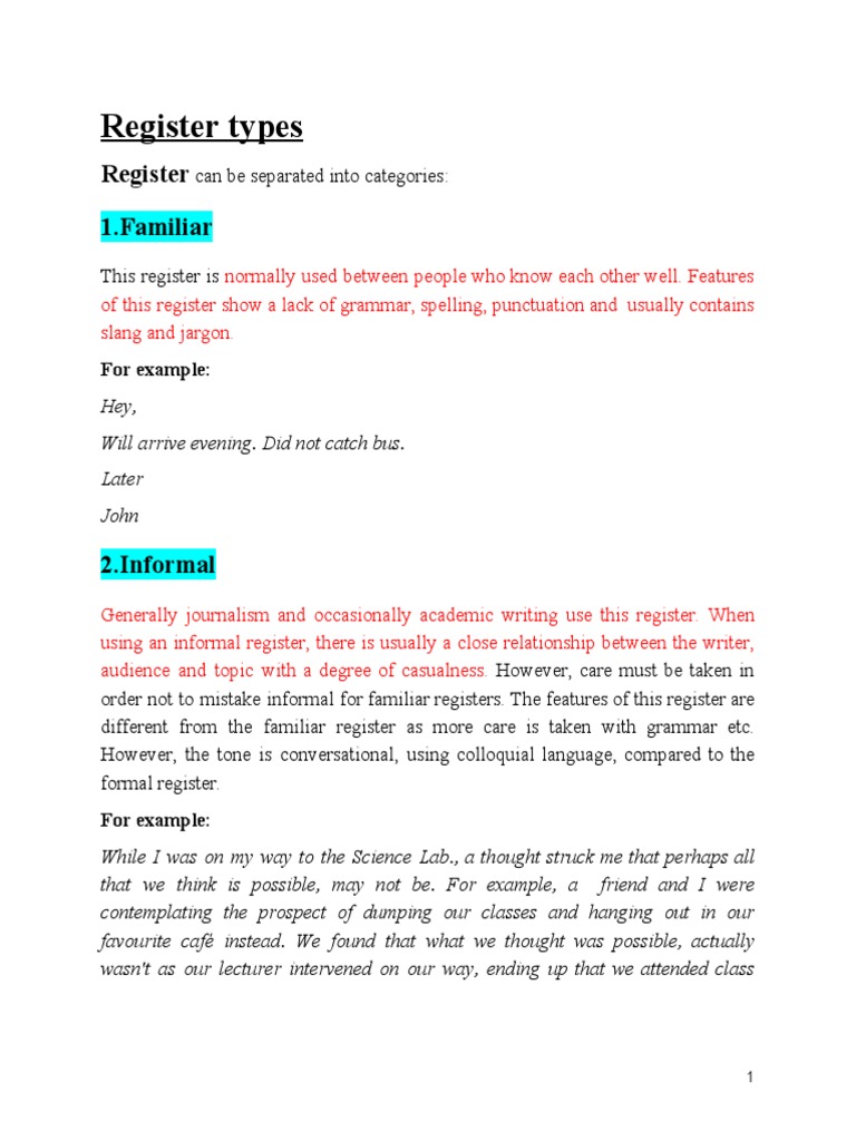 Register Types | PDF | Speech | Linguistics
