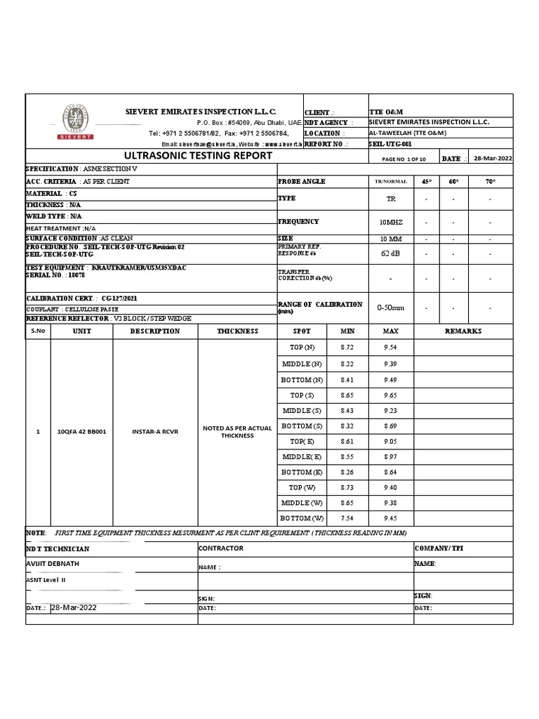 Ultrasonic Testing Report: Sievert Emirates Inspection L.L.C. Sievert ...