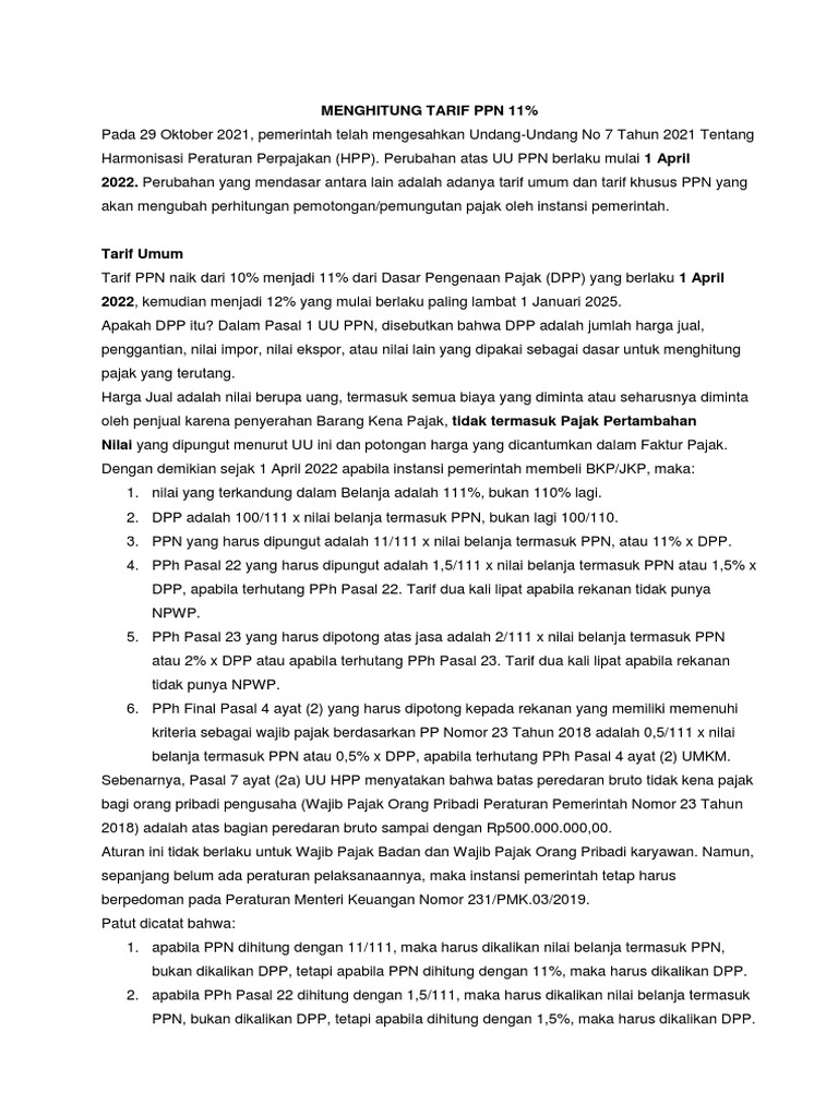 Cara Menghitung DPP PPN 11% Model 1 | PDF
