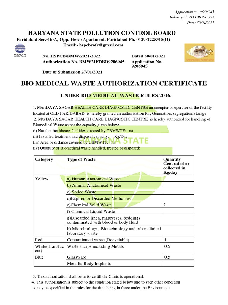 Bio Medical Waste Authorization Certificate: Haryana State Pollution ...