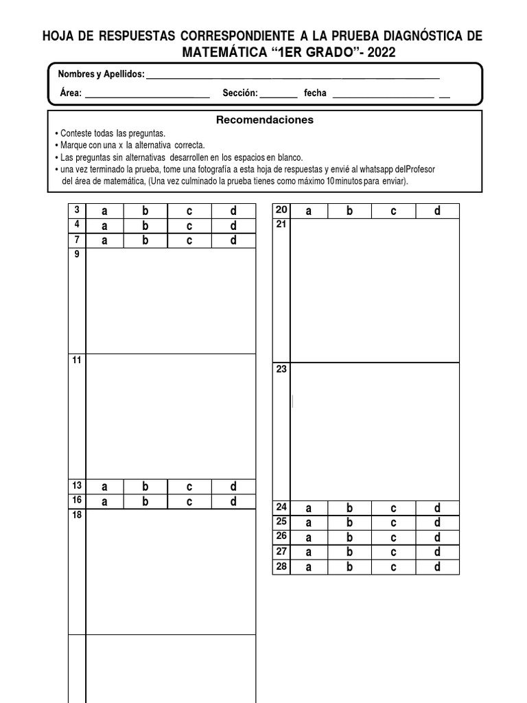 Hoja de Respuestas Prueba Diagnóstica 1er Grado | PDF