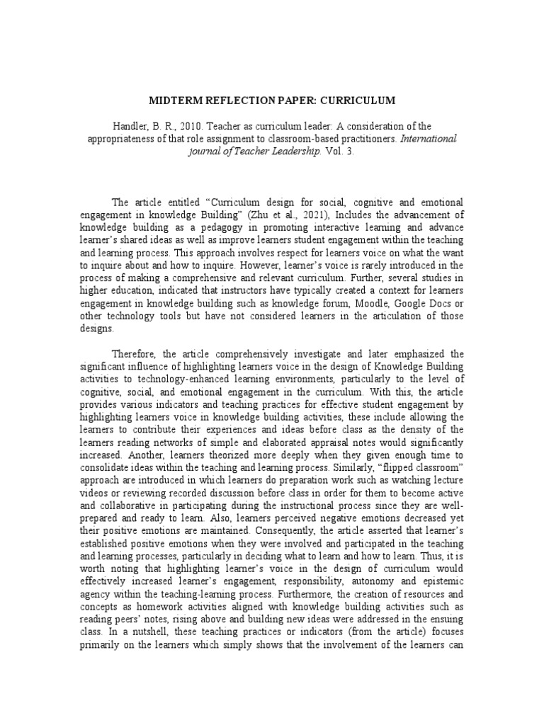 Midterm Reflection Paper: Curriculum: Journal of Teacher Leadership ... Midterm Reflection Paper: Curriculum: Journal of Teacher Leadership ...