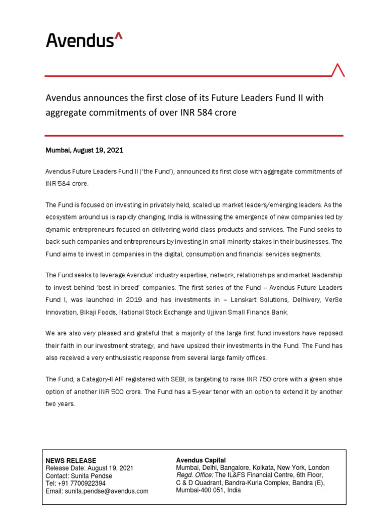 Avendus Announces The First Close of Its Future Leaders Fund II With Aggregate Commitments of ...