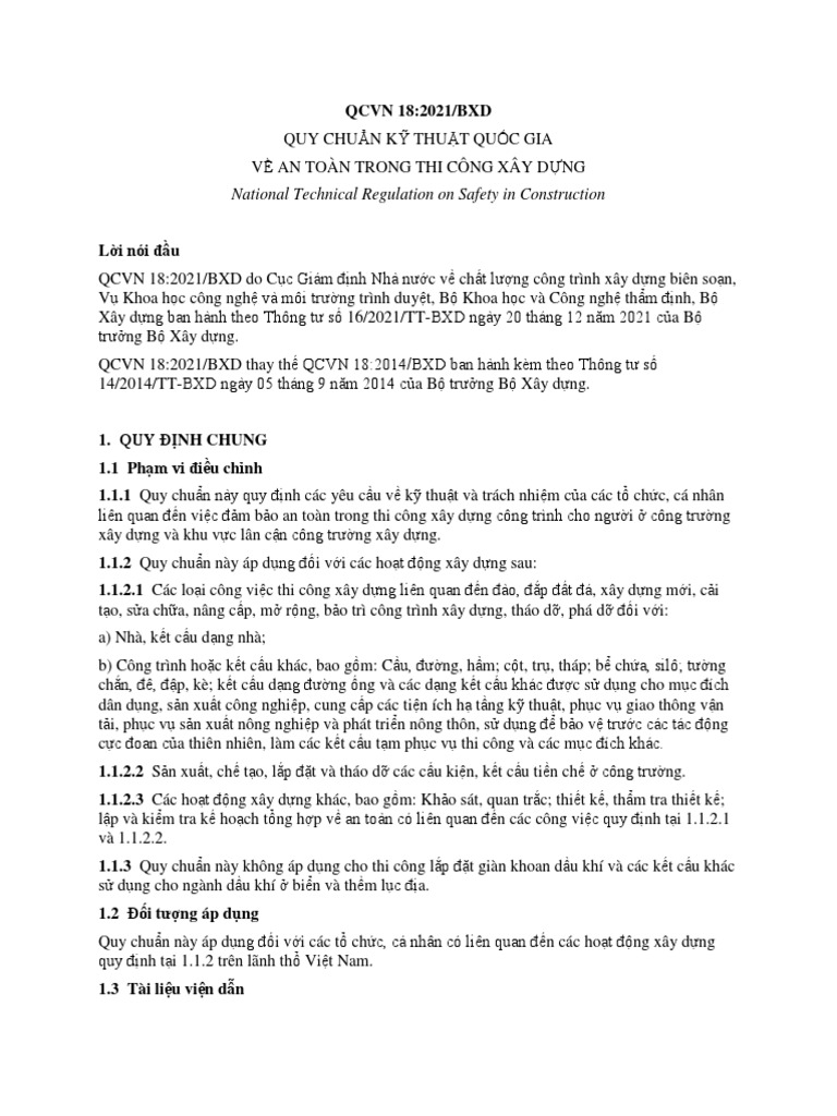 Quy chuẩn An toàn trong thi công XD tại Việt Nam - Phần quy định chung (QCVN 18-2021) | PDF