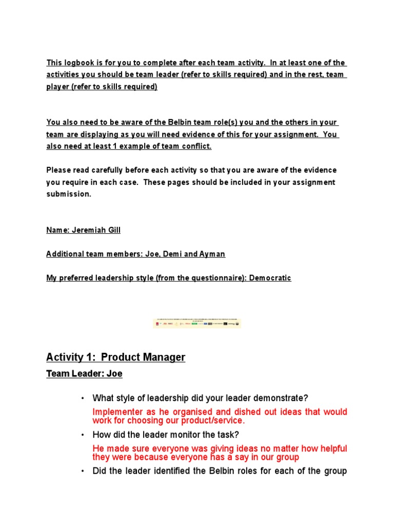 Team Activity Logbook and Reflections | PDF | Leadership | Psychology