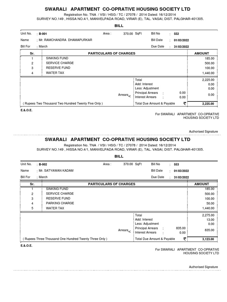 Swarali Apartment Co-Oprative Housing Society LTD: Amount Particulars ...