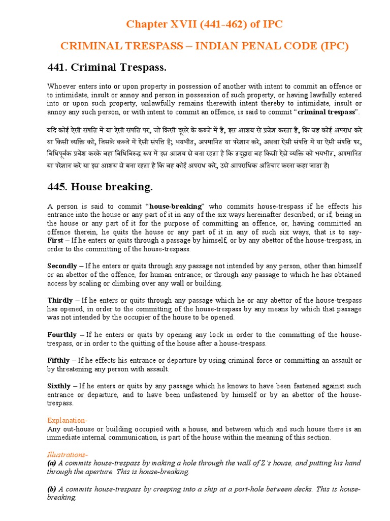 Criminal Trespass.: Chapter XVII (441-462) of IPC Criminal Trespass - Indian Penal Code (Ipc ...