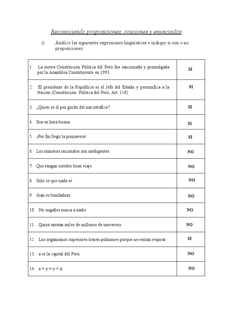 Ejercicios para Reconocer Proposiciones, Oraciones y Enunciados | PDF ...
