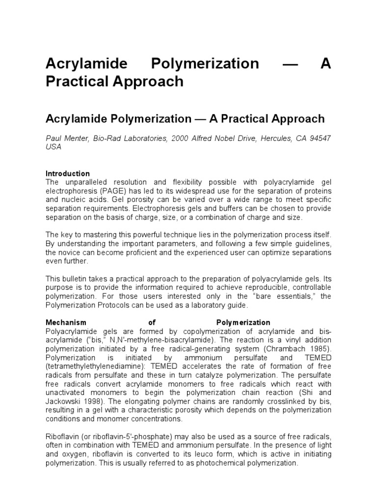 Acrylamide Polymerization | PDF | Gel Electrophoresis | Polyacrylamide ...