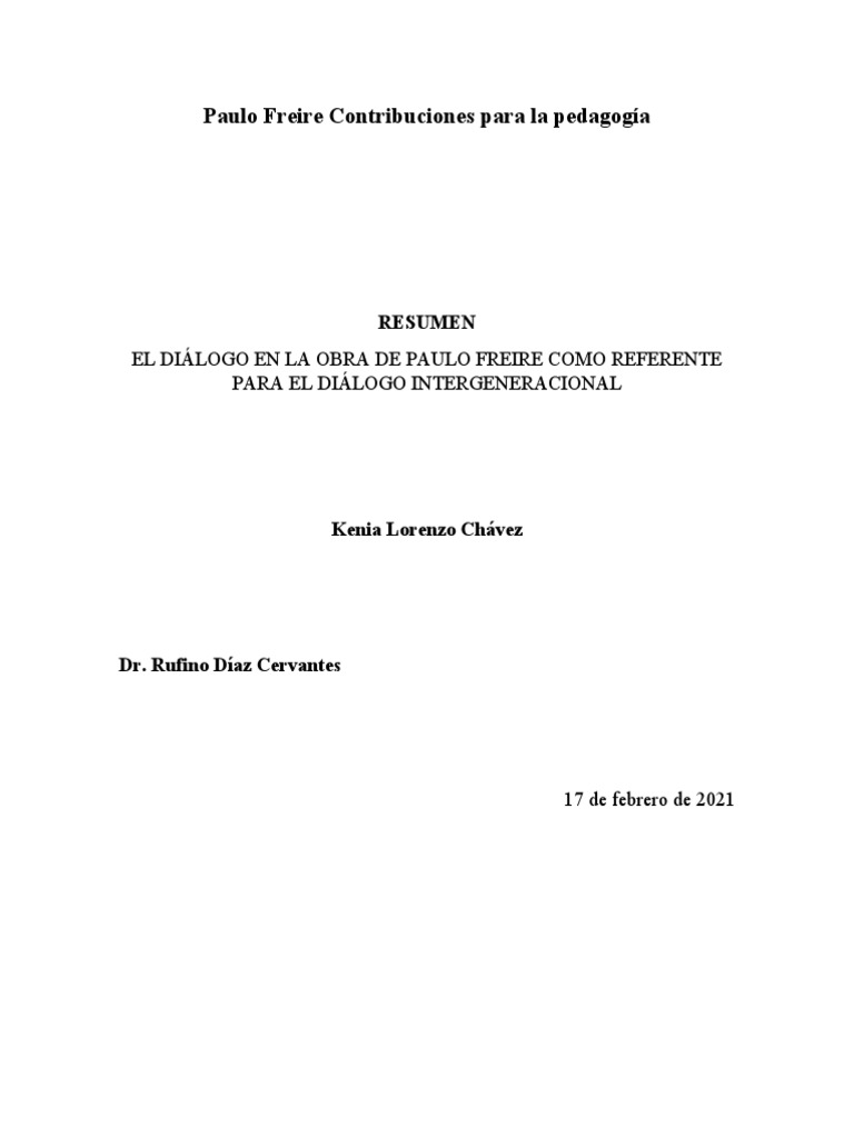 El Diálogo en La Obra de Paulo Freire Como Referente para El Diálogo Intergeneracional | PDF ...