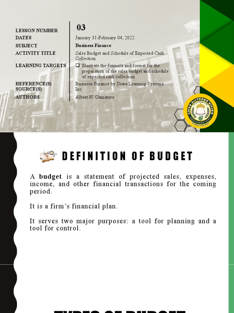 Lesson 3 Sales Budget and Schedule of Expected Cash Collection | PDF ...