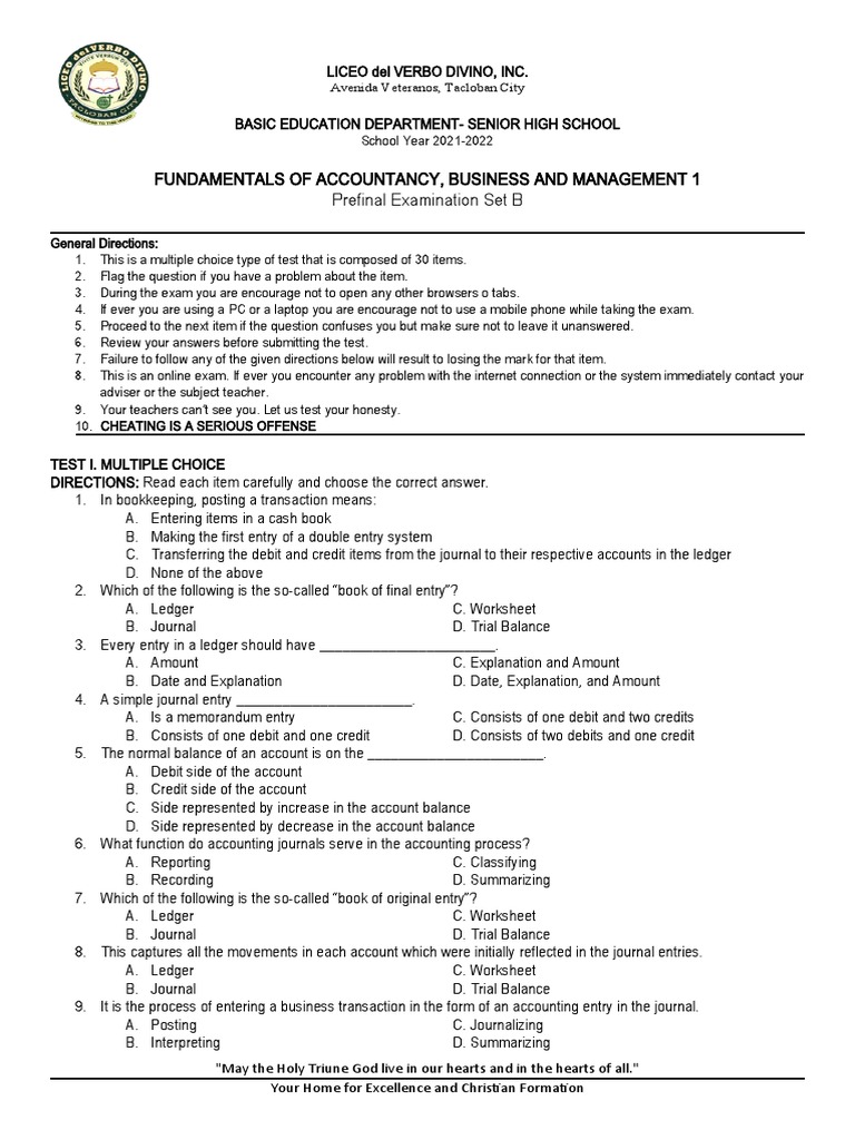 Prefinal Exam Set B (Fabm1) | PDF | Debits And Credits | Money