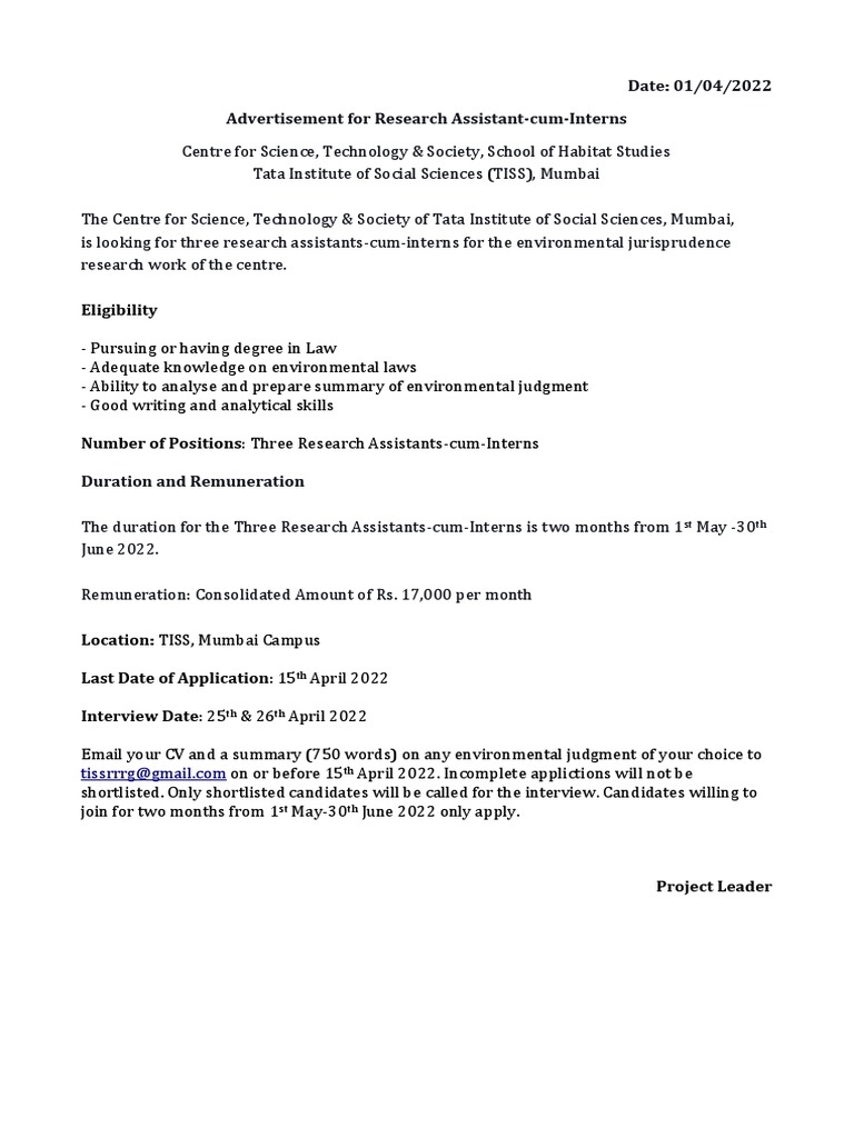 Advertisement For Research Assistant-cum-Interns | PDF | Career & Growth