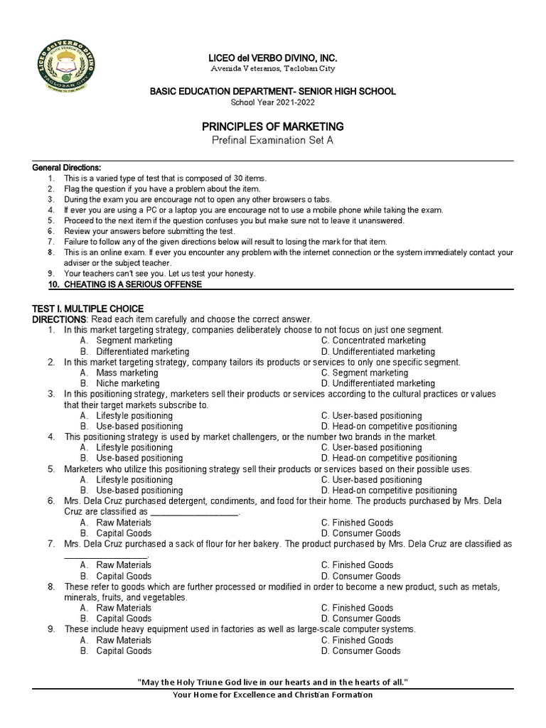 Principles of Marketing Prefinal Exam | PDF | Pricing | Test (Assessment)
