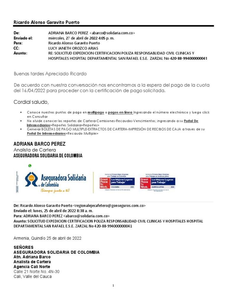 Respuesta Solidaria Certficacion Poliza RCCH | PDF | Seguro