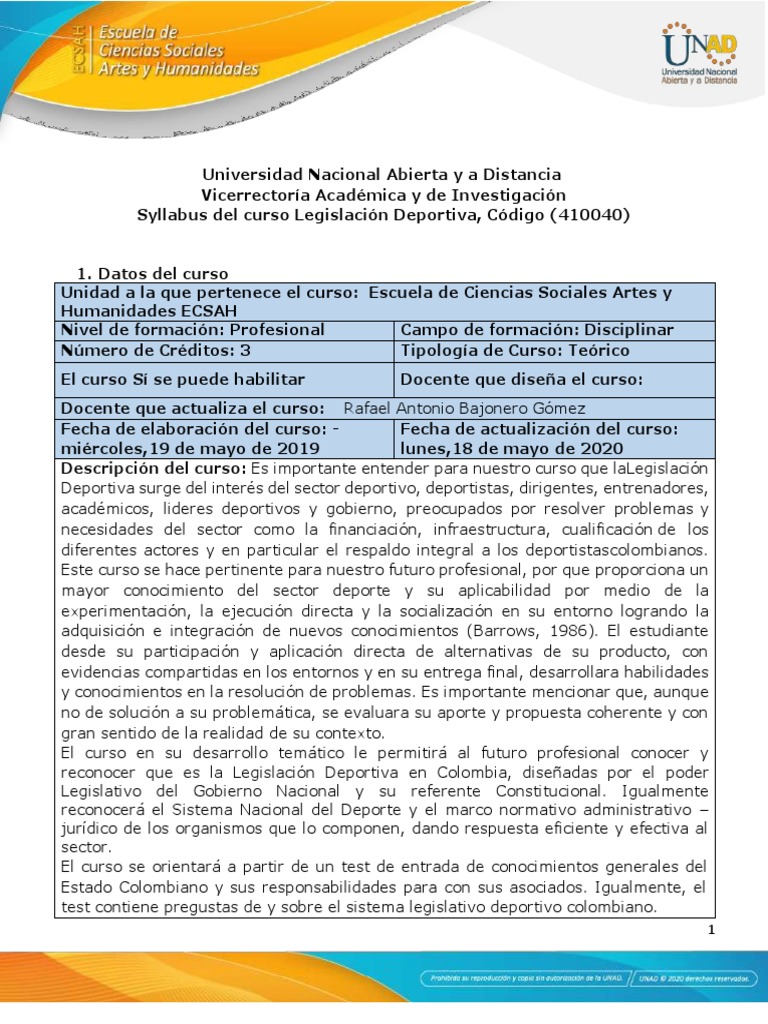 Syllabus Del Curso Legislación Deportiva | PDF | Deportes | Colombia