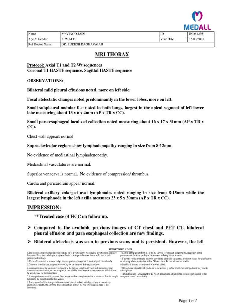 Mri Thorax: Chest Wall Appears Normal | PDF | Radiology | Ct Scan