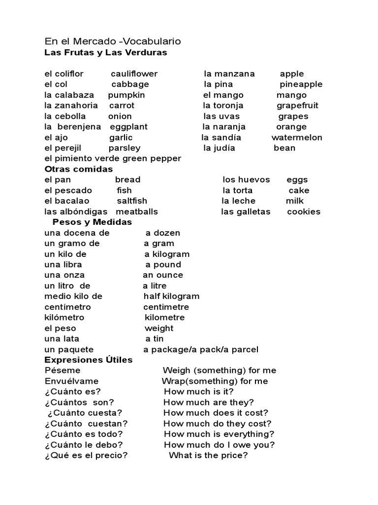 En El Mercado - Vocabulario | PDF | Alimentos | Ingredientes de comida