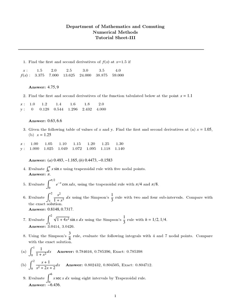 Department of Mathematics and Comuting Numerical Methods Tutorial Sheet ...