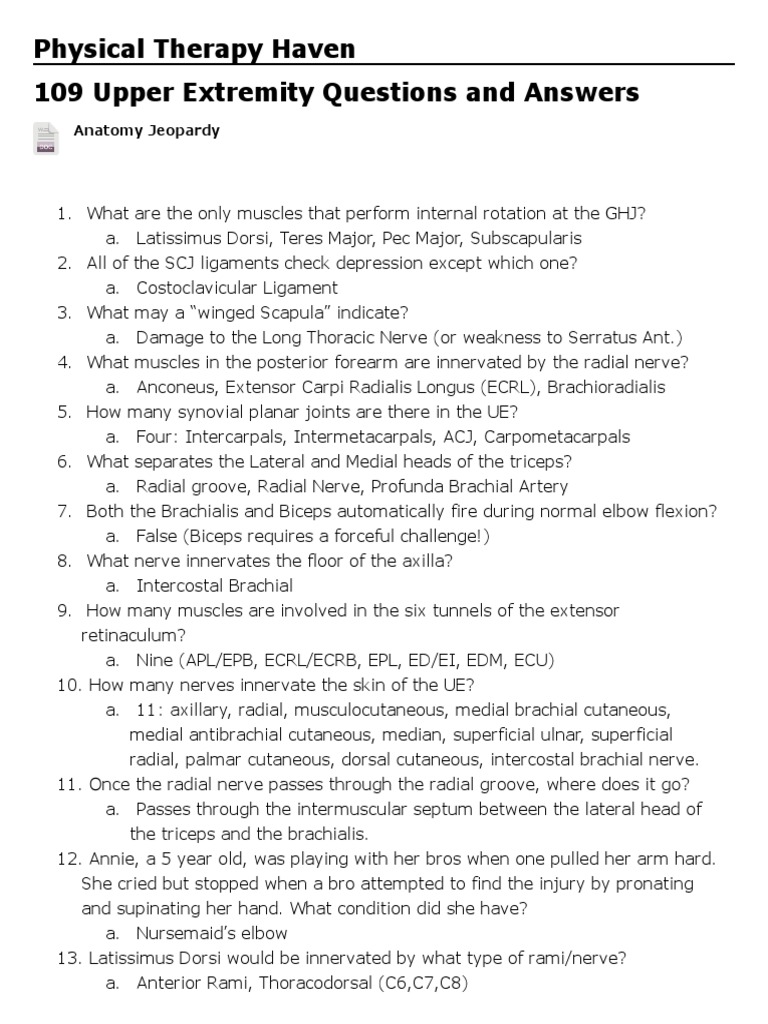 109 Upper Extremity Questions and Answers | PDF | Hand | Arm