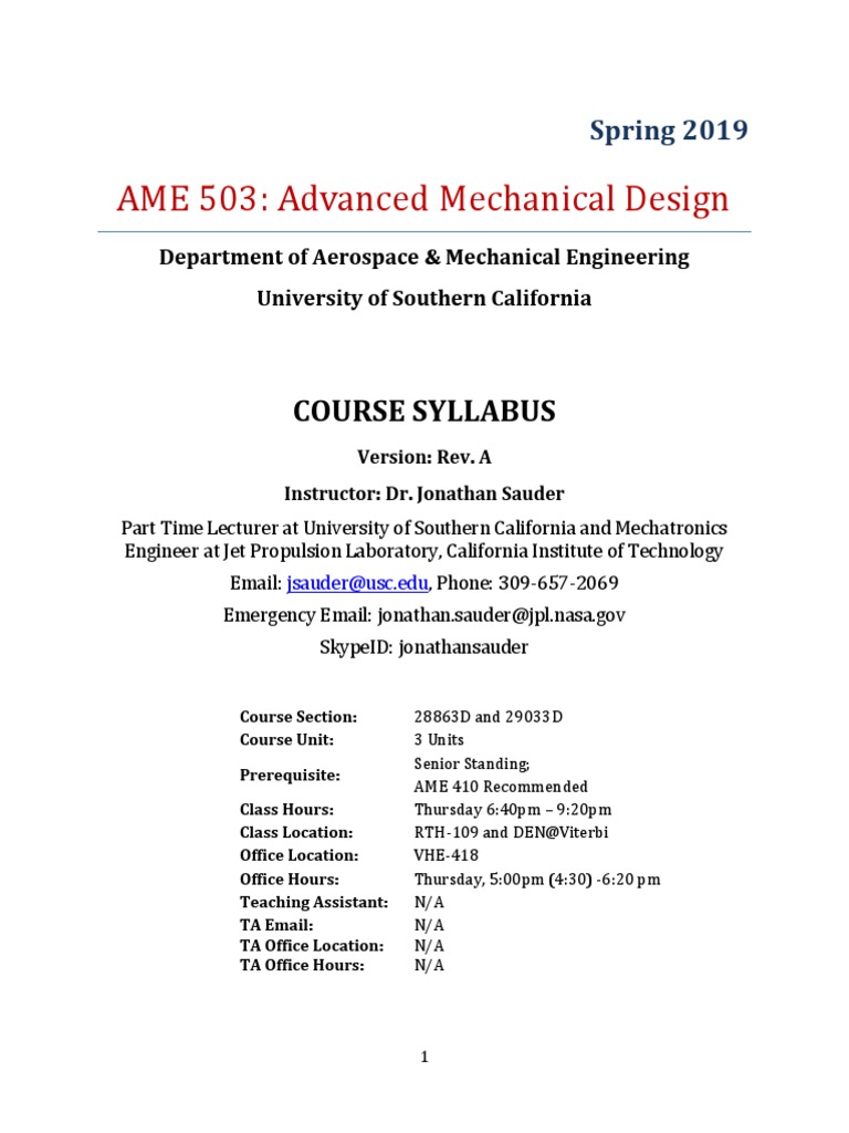 AME 503: Advanced Mechanical Design: Course Syllabus | PDF | Theory ...
