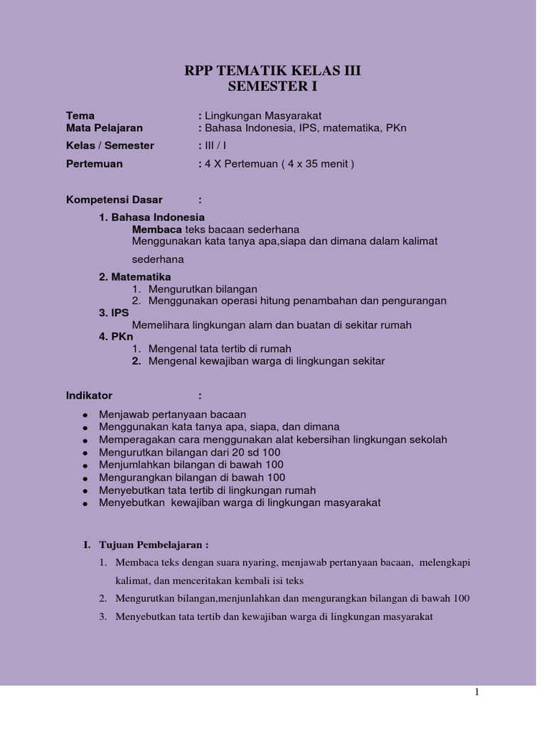RPP Tematik Kelas III Semester I - Compress | PDF