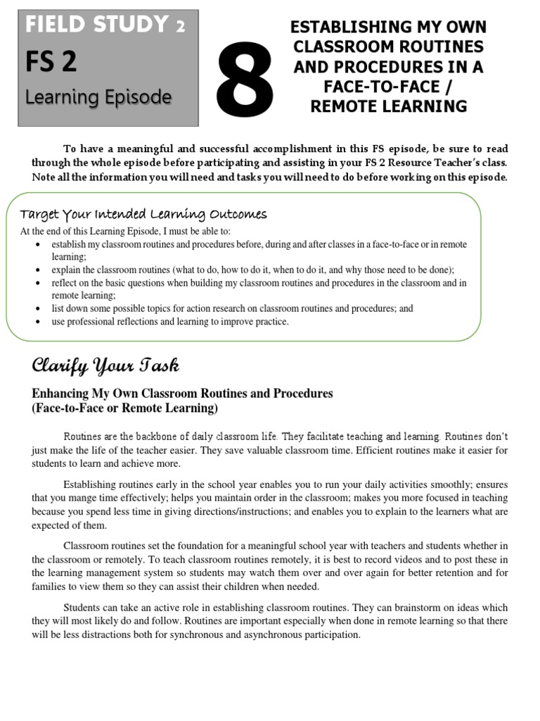 FS 2 Learning Episode 8 | PDF | Classroom | Distance Education
