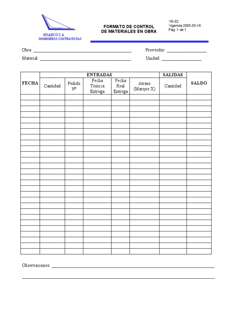 Fo-Formato de Control de Materiales en Obra | PDF