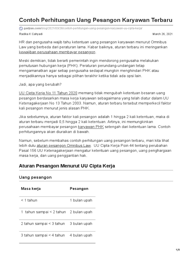 Contoh Perhitungan Uang Pesangon Karyawan Terbaru | PDF | Karier ...