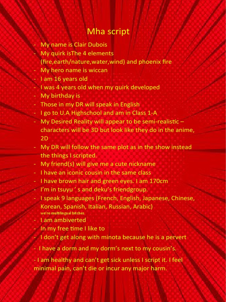 MHA Character Script: Clair Dubois | PDF | Poetry | General Fiction