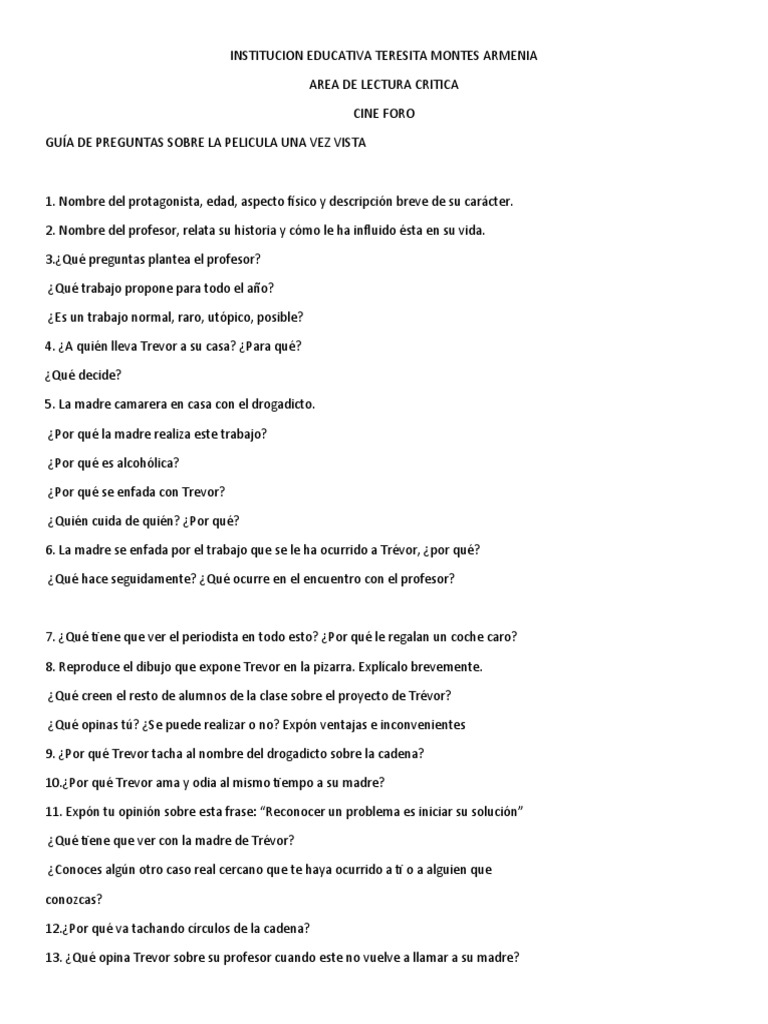 Cine Foro Grado 11 Guía de Preguntas Sobre La Pelicula Una Vez Vista ...