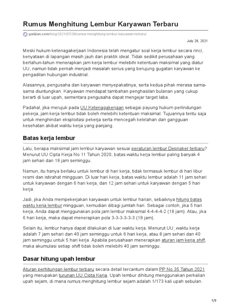 Rumus Menghitung Lembur Karyawan Terbaru | PDF