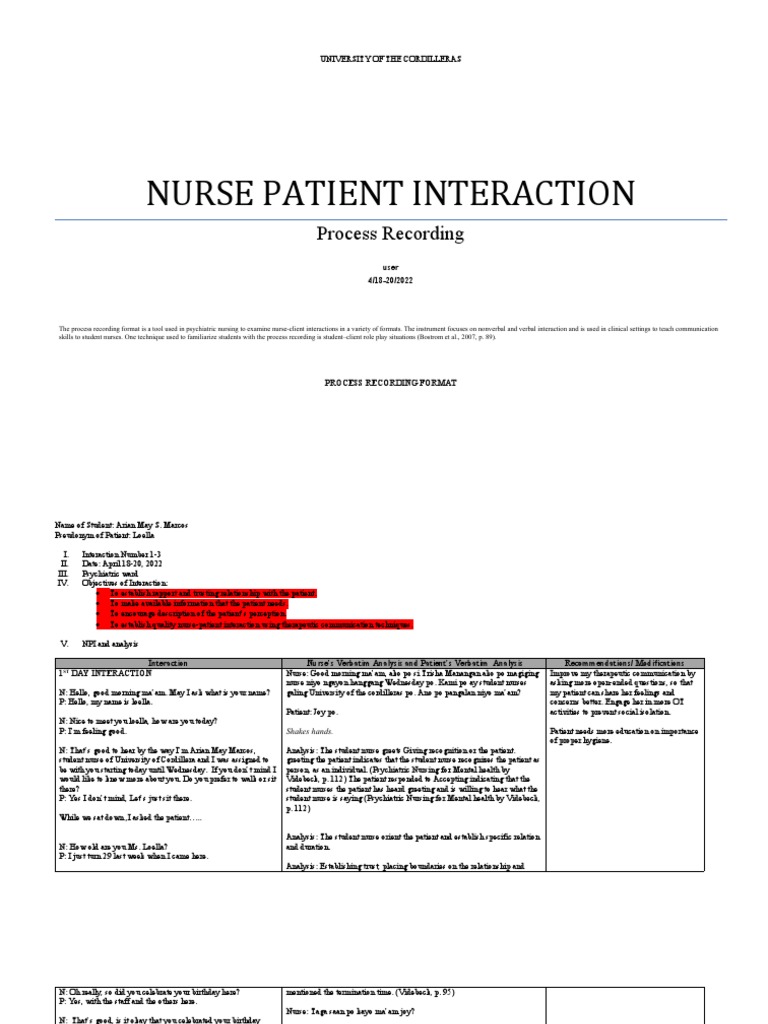 Nurse Patient Interaction: Process Recording | PDF | Psychiatric And ...