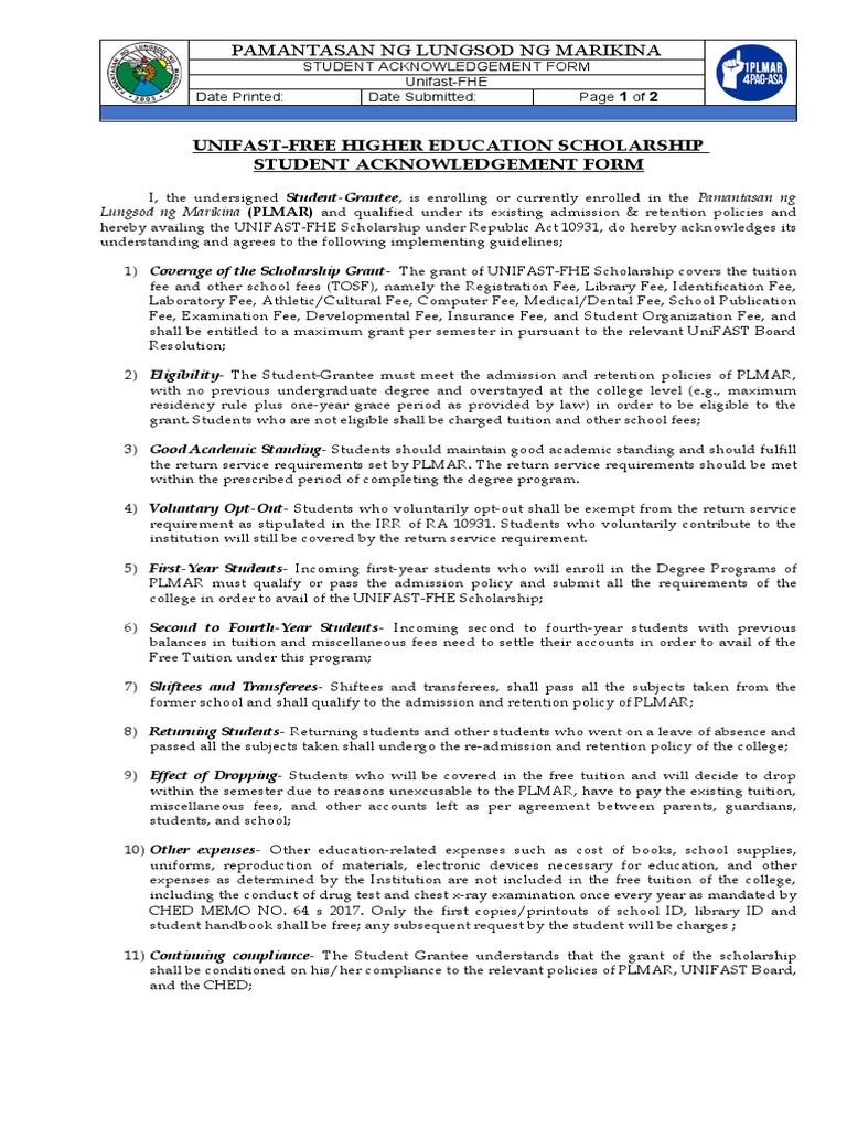 Student Acknowledgement Form 00 | PDF | Tuition Payments | Academic Degree