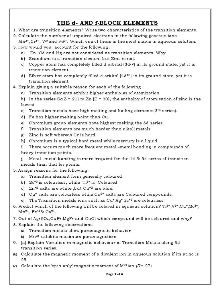 D and F Block Elements Final Revision | PDF | Transition Metals | Redox