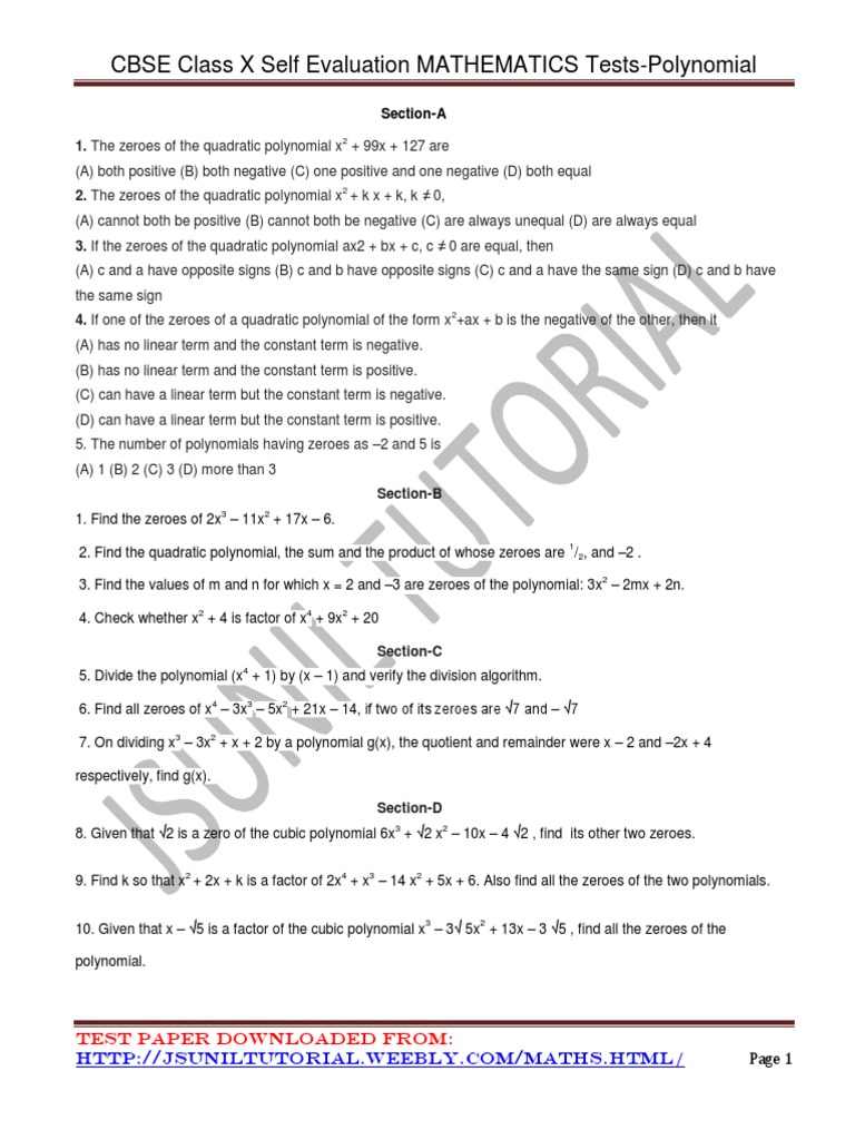 10th Maths Chapter - Polynomial Cbse Test Paper-3 | PDF | Factorization ...