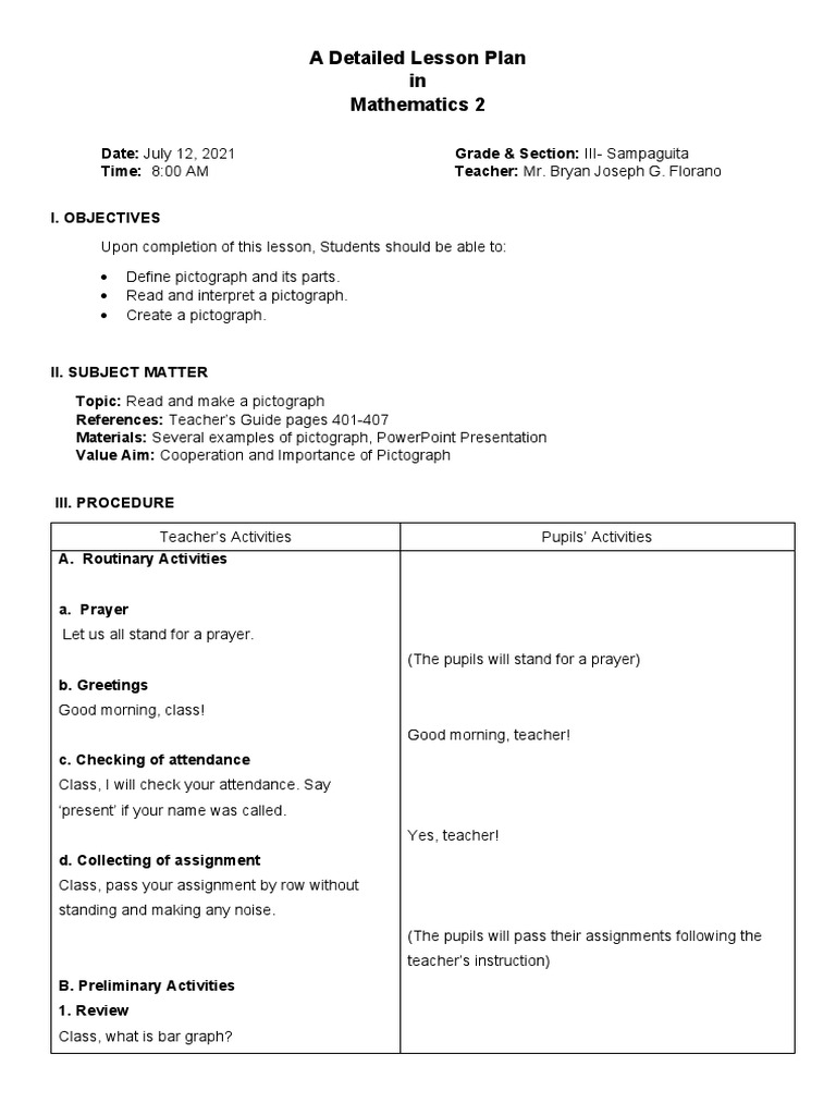 A Detailed Lesson Plan in Mathematics 3 | PDF | Symbols | Lesson Plan