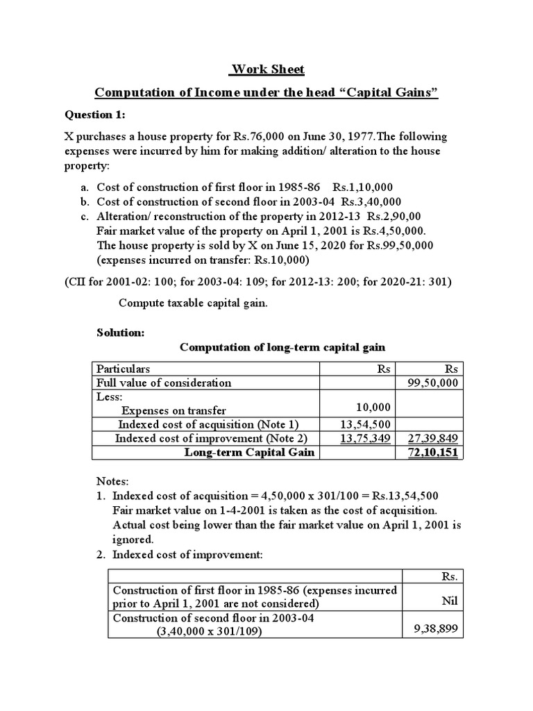 Work Sheet Computation of Income Under The Head "Capital Gains" | PDF ...