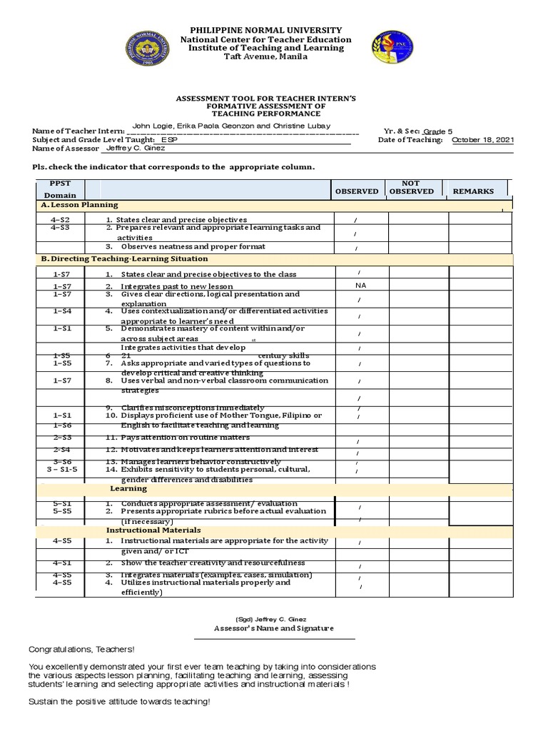 Oct 18-Assessment Tool For Class Observation-Teachers John Lo Erika and ...