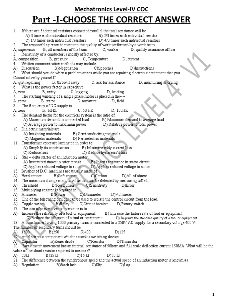 Mechatronics Level 4 COC Exam Questions | PDF | Electric Motor ...