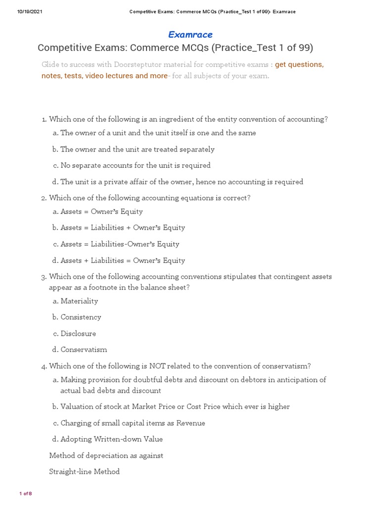 Commerce MCQs Practice Test 1 | PDF | Multiple Choice | Equity (Finance)