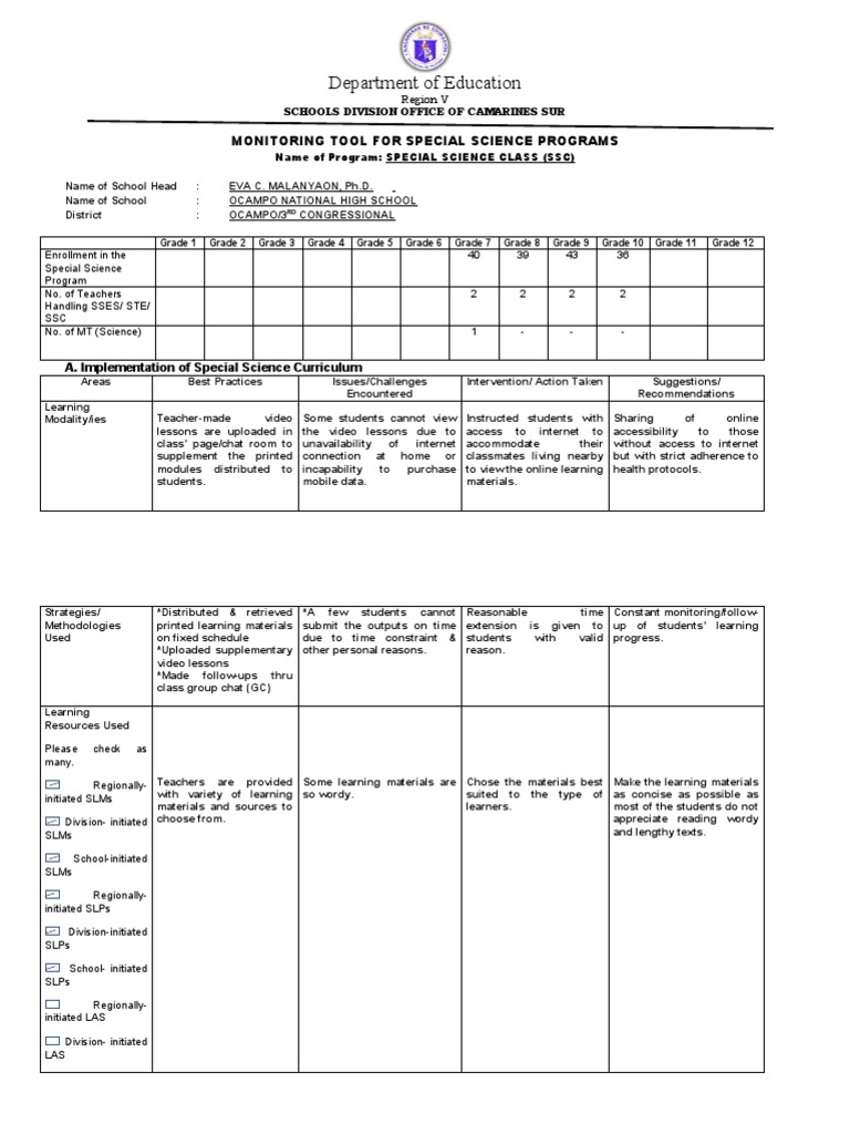 Department of Education: Monitoring Tool For Special Science Programs ...