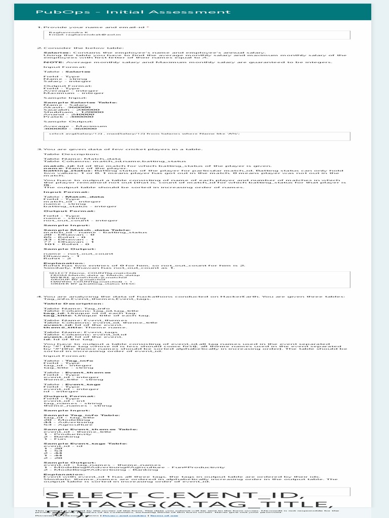 Initial Assessment of PubOps Database Queries - Provides Sample SQL Queries to Analyze Employee ...